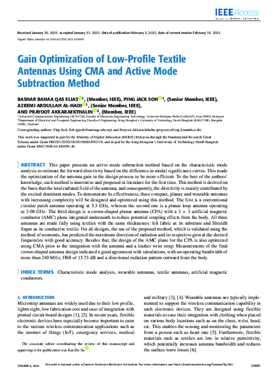 (PDF) Gain Optimization of Low-Profile Textile Antennas Using CMA and ...