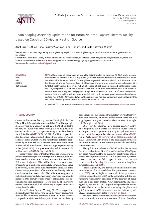 (PDF) Beam Shaping Assembly Optimization for Boron Neutron Capture Therapy Facility based on ...