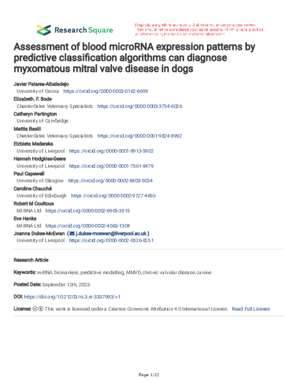 (PDF) Assessment of blood microRNA expression patterns by predictive classification algorithms ...