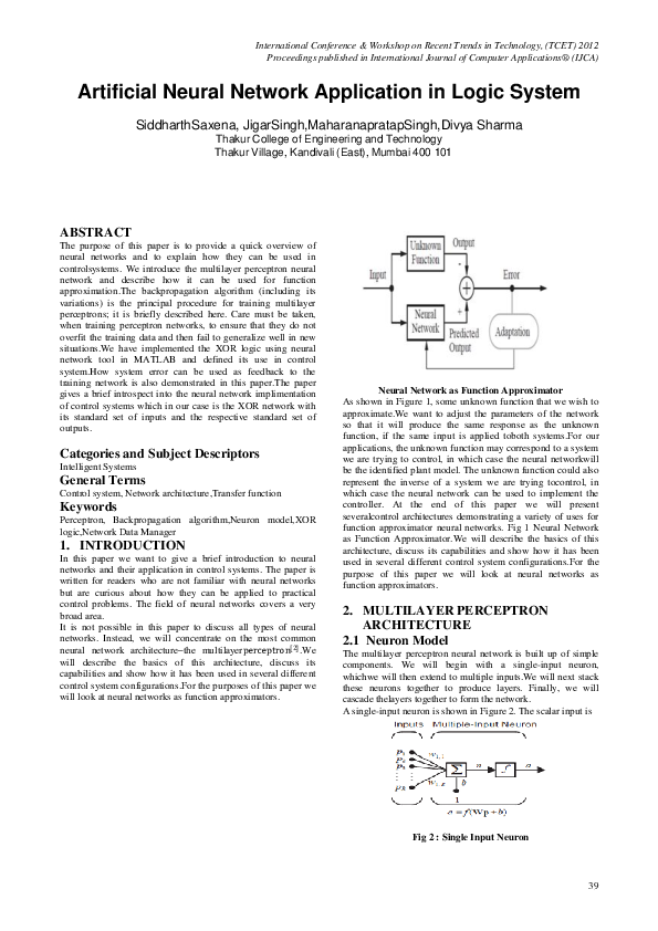 (PDF) Artificial Neural Network Application in Logic System