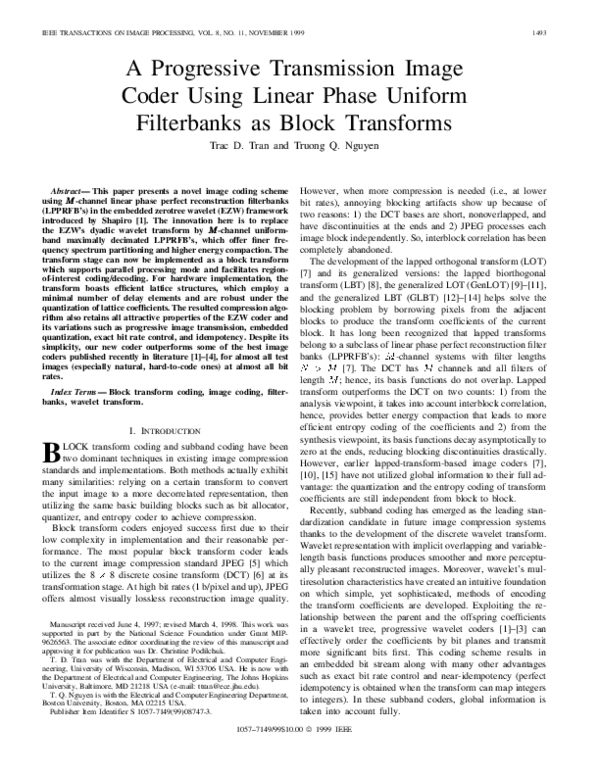 (PDF) A progressive transmission image coder using linear phase uniform filterbanks as block ...