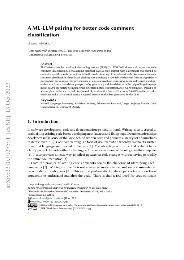 (PDF) A ML-LLM pairing for better code comment classification