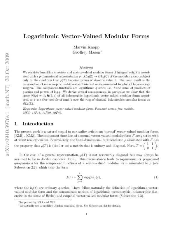 (PDF) Logarithmic vector-valued modular forms | Geoffrey Mason - Academia.edu