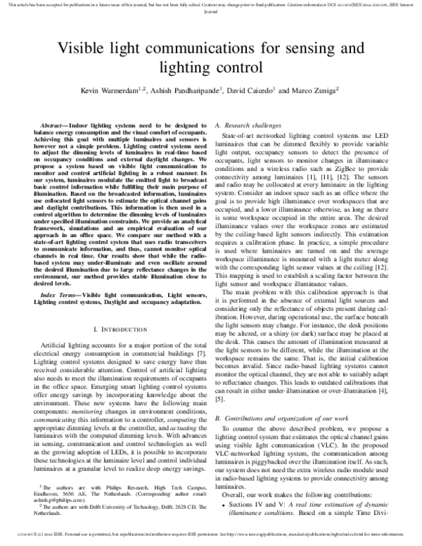 (PDF) Visible Light Communications for Sensing and Lighting Control