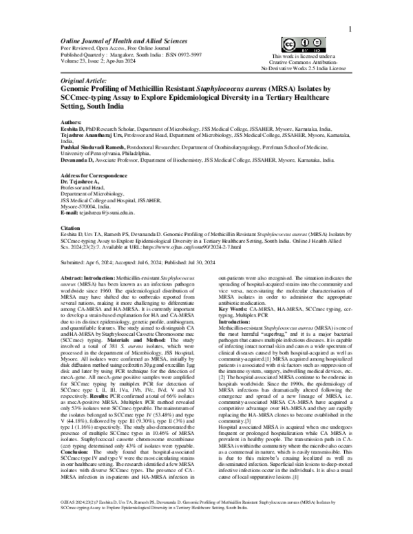 (PDF) Genomic Profiling of Methicillin Resistant Staphylococcus aureus ...
