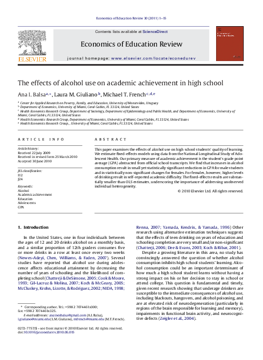 (PDF) The effects of alcohol use on academic achievement in high school