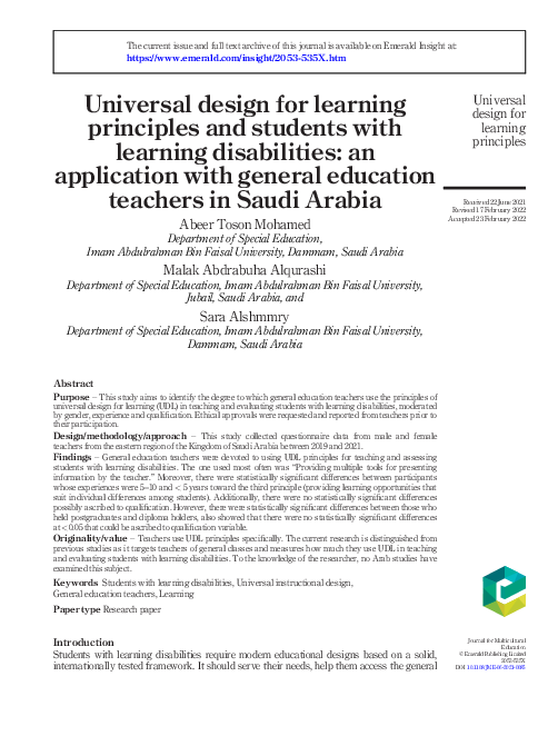 (PDF) Universal design for learning principles and students with learning disabilities: an ...