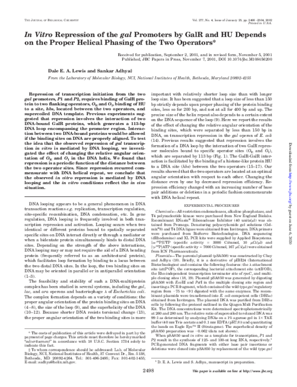 (PDF) In Vitro Repression of the gal Promoters by GalR and HU Depends ...