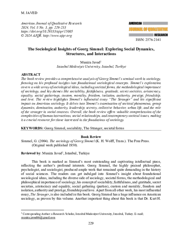 (PDF) The Sociological Insights of Georg Simmel: Exploring Social ...