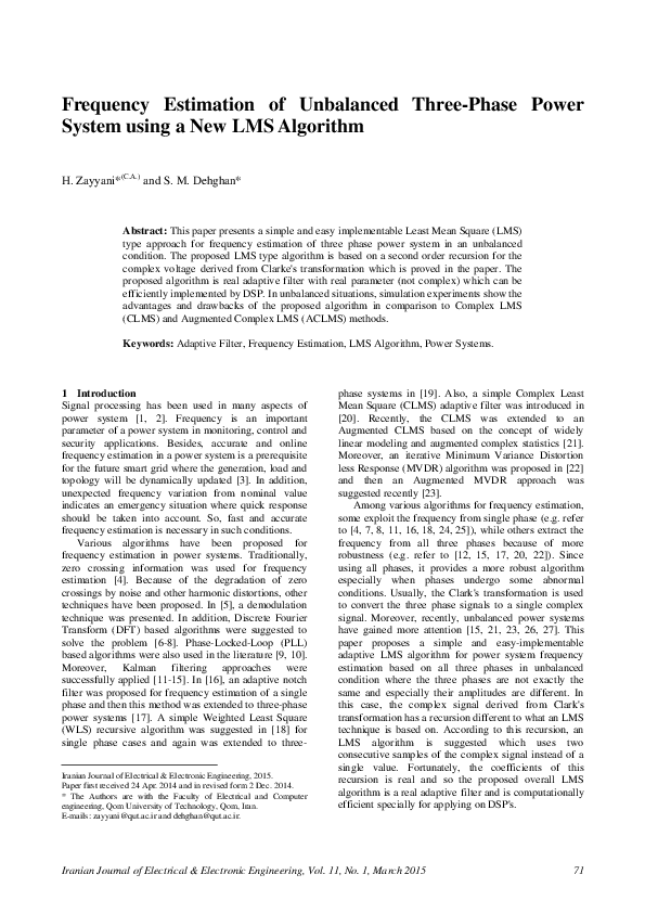 (PDF) Frequency Estimation of Unbalanced Three-Phase Power System using a New LMS Algorithm