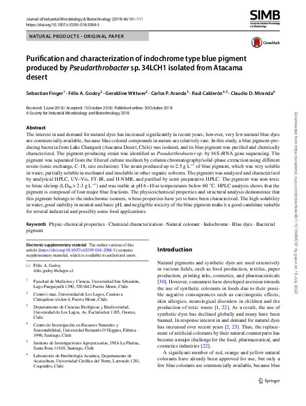 (PDF) Purification and characterization of indochrome type blue pigment ...