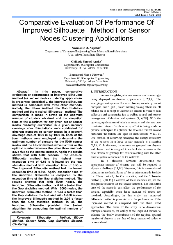(PDF) Comparative Evaluation Of Performance Of Improved Silhouette Method For Sensor Nodes ...