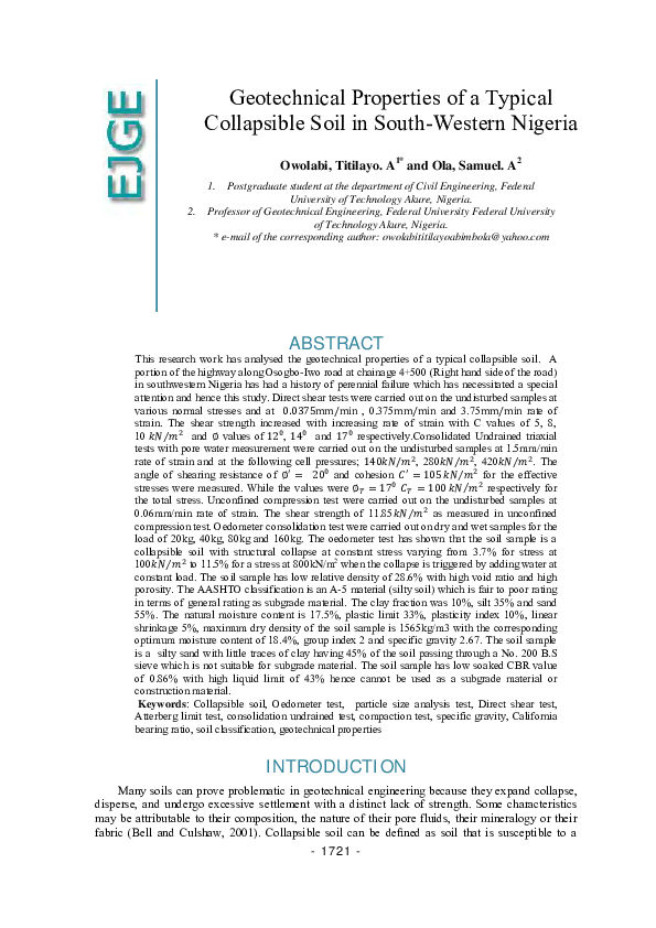 (PDF) Geotechnical Properties of a Typical Collapsible Soil in South-Western Nigeria