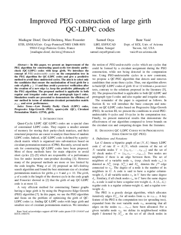 (PDF) Improved PEG construction of large girth QC-LDPC codes