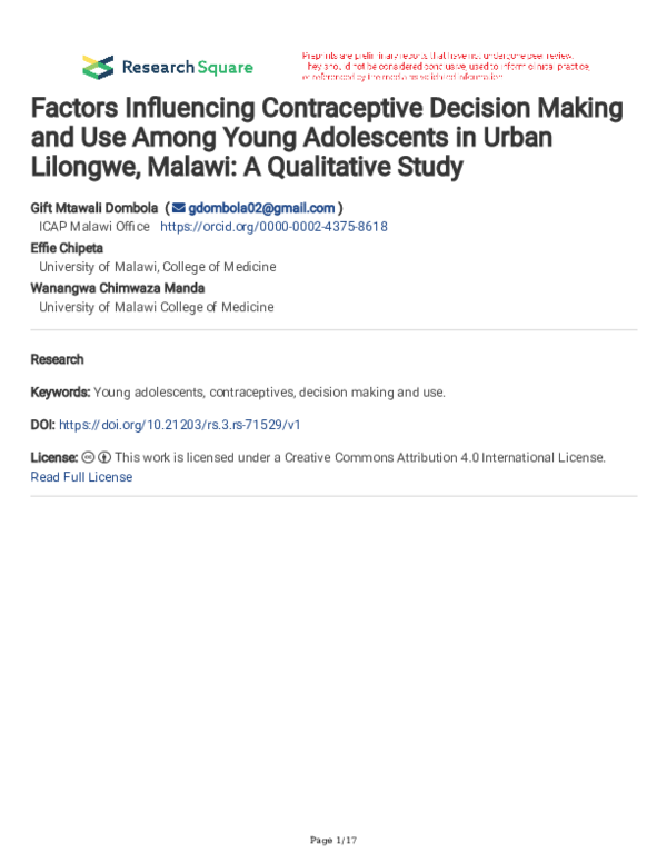 (PDF) Factors Influencing Contraceptive Decision Making and Use Among ...