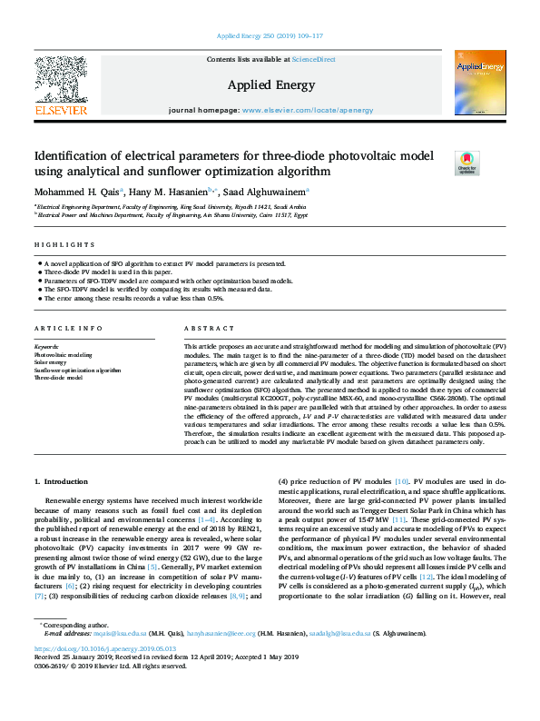 (PDF) Identification of electrical parameters for three-diode photovoltaic model using ...