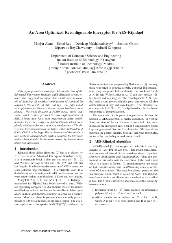 (PDF) An Area Optimized Reconfigurable Encryptor for AES-Rijndael | Santosh Ghosh - Academia.edu