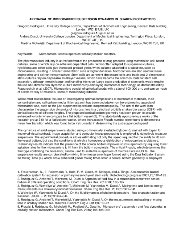 (PDF) Appraisal of microcarrier suspension dynamics in shaken bioreactors