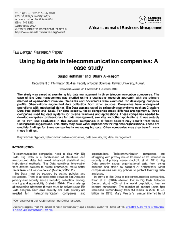 (PDF) Using big data in telecommunication companies: A case study