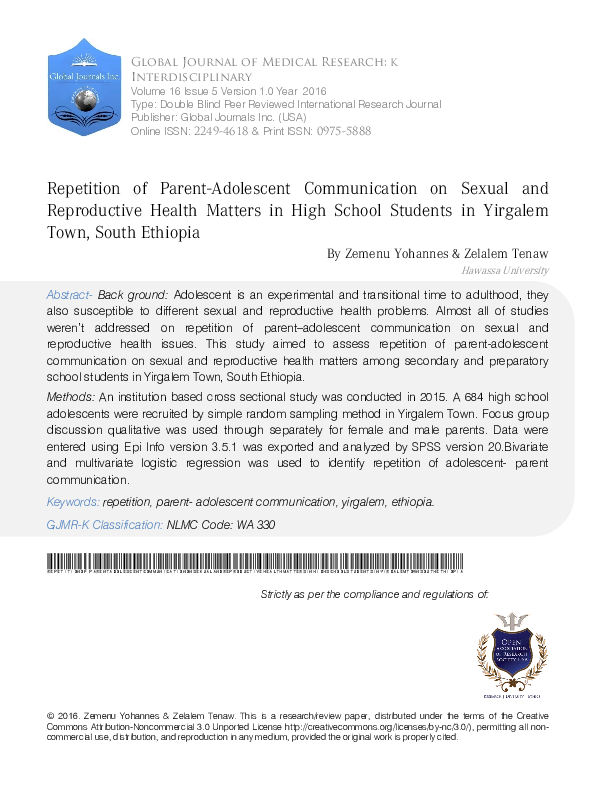 (PDF) Repetition of Parent-Adolescent Communication on Sexual and Reproductive Health Matters in ...