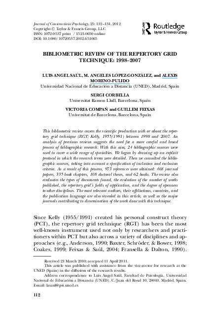 (PDF) Bibliometric Review of the Repertory Grid Technique: 1998–2007