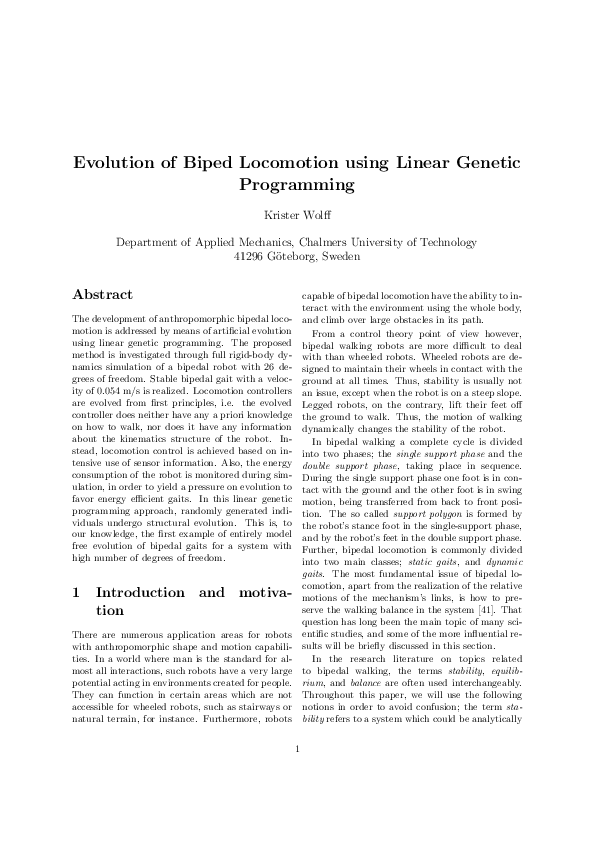 (PDF) Evolution of Biped Locomotion Using Linear Genetic Programming
