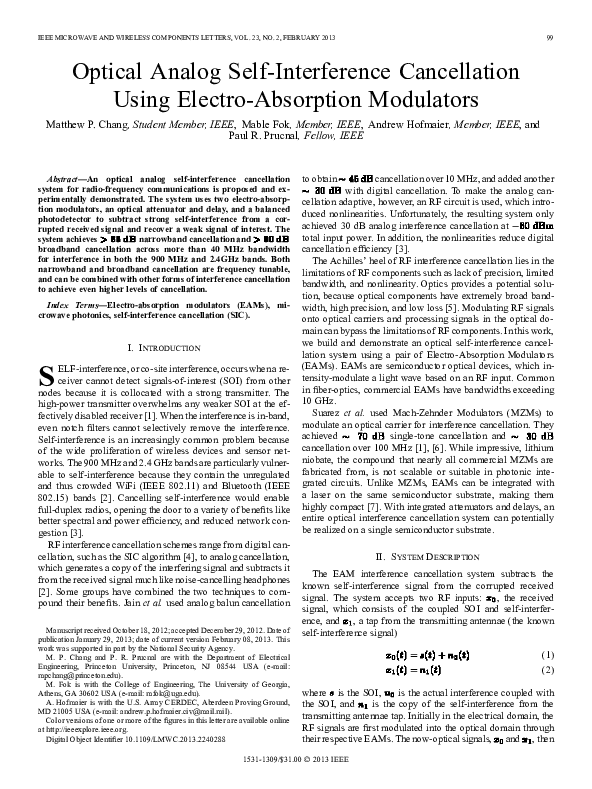 (PDF) Optical Analog Self-Interference Cancellation Using Electro-Absorption Modulators