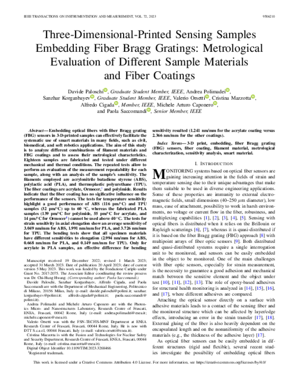 (PDF) Three-Dimensional-Printed Sensing Samples Embedding Fiber Bragg Gratings: Metrological ...