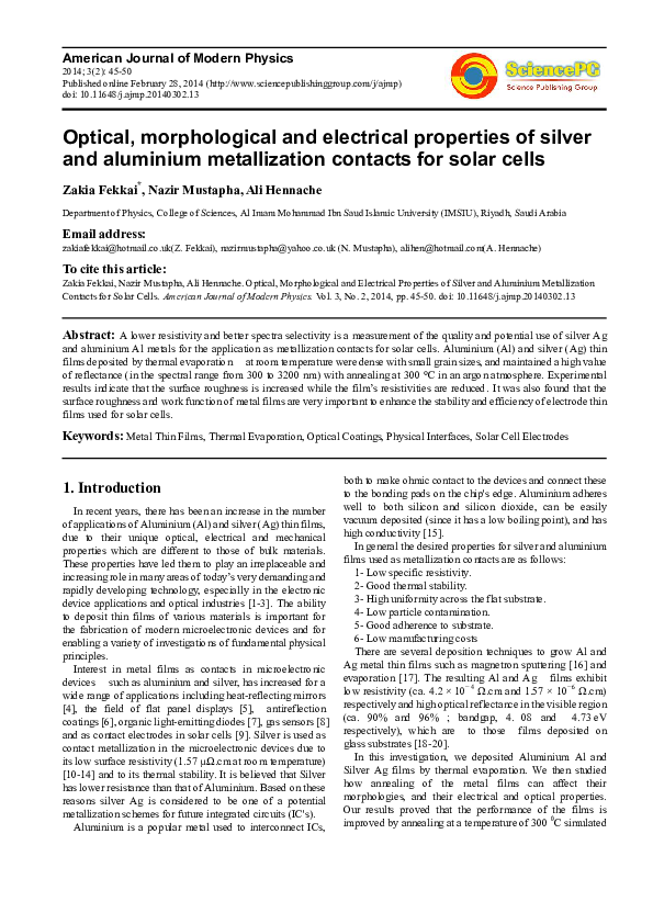 (PDF) Optical, Morphological and Electrical Properties of Silver and ...