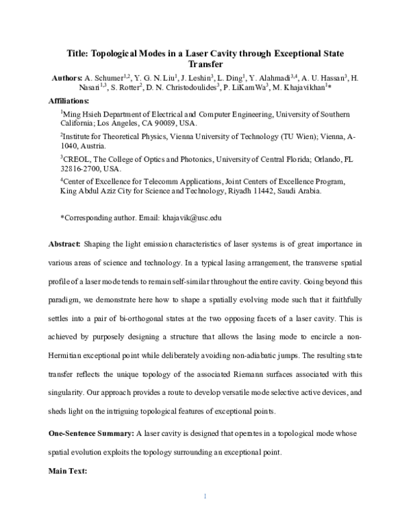 (PDF) Topological modes in a laser cavity through exceptional state ...