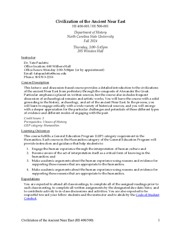 (PDF) Civilization of the Ancient Near East (syllabus, 2024)