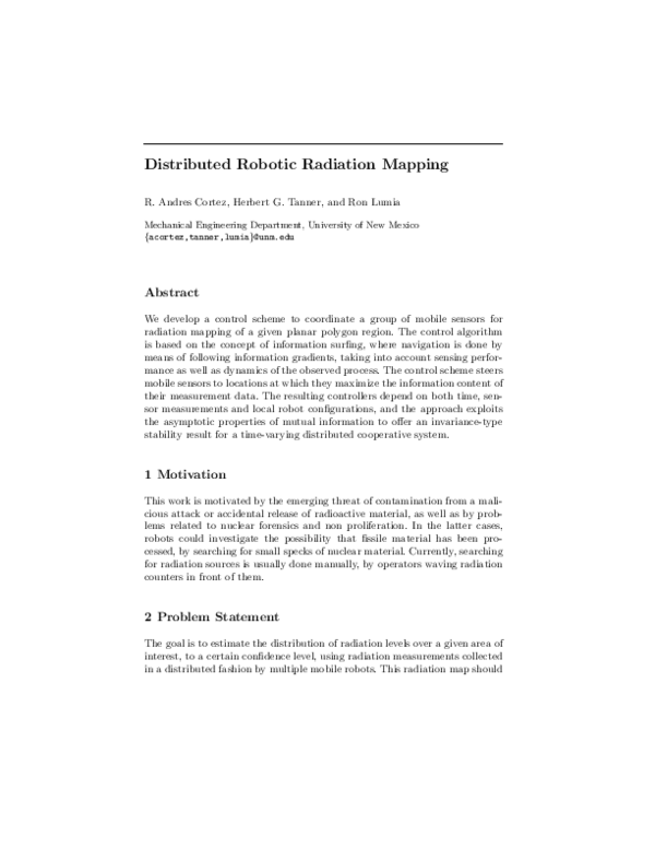 (PDF) Distributed Robotic Radiation Mapping (PDF) Distributed Robotic Radiation Mapping