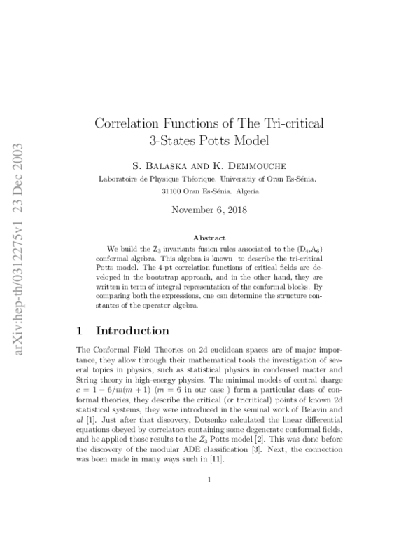 (PDF) Correlation Functions of the Tri-Critical 3-STATE Potts Model