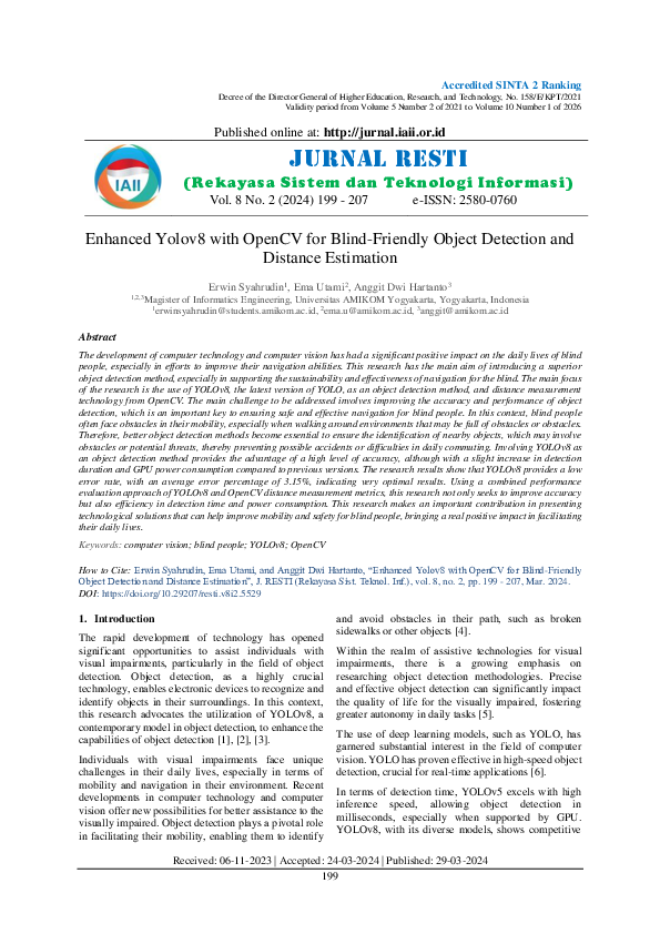 Pdf Enhanced Yolov8 With Opencv For Blind Friendly Object Detection And Distance Estimation