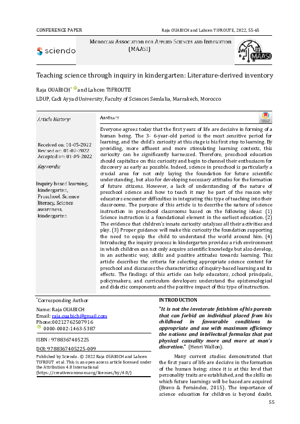 (PDF) Teaching science through inquiry in kindergarten: Literature-derived inventory