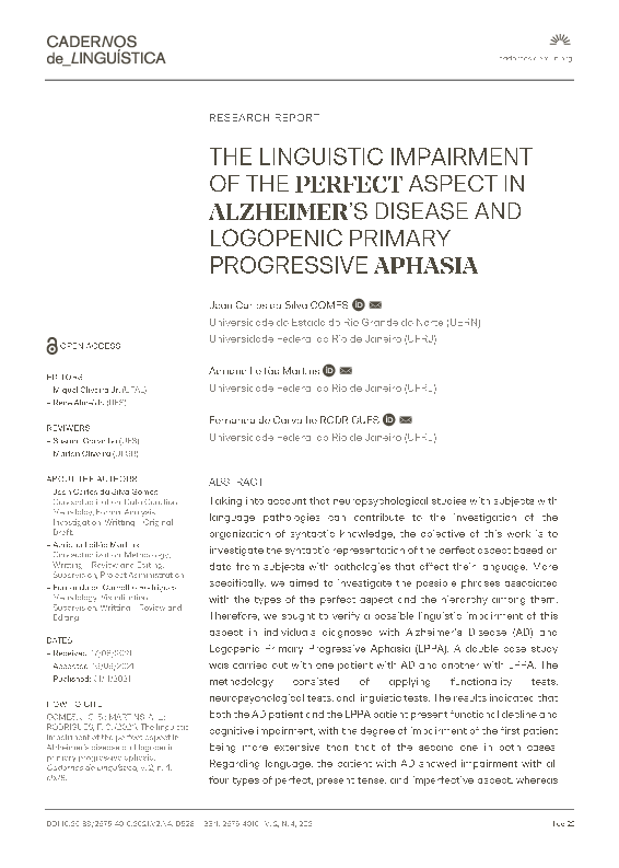 (PDF) The linguistic impairment of the perfect aspect in Alzheimer’s disease and logopenic ...