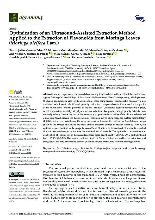 Pdf Optimization Of An Ultrasound Assisted Extraction Method Applied To The Extraction Of