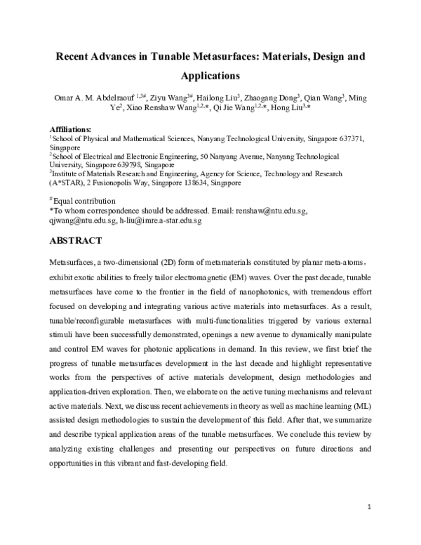 (PDF) Recent Advances in Tunable Metasurfaces: Materials, Design and ...
