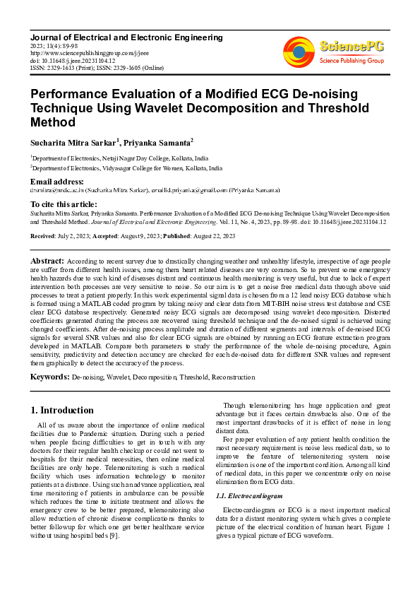 Pdf Performance Evaluation Of A Modified Ecg De Noising Technique Using Wavelet Decomposition
