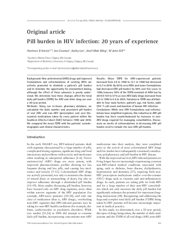 (PDF) Pill Burden in HIV Infection: 20 Years of Experience | Ian Cosman ...