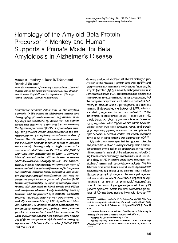 (PDF) Homology of the amyloid beta protein precursor in monkey and ...