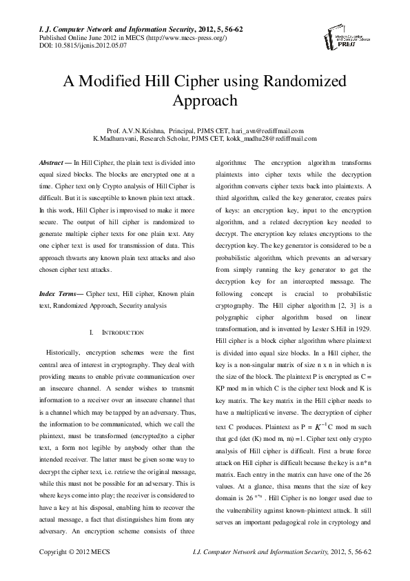 (PDF) A Modified Hill Cipher using Randomized Approach