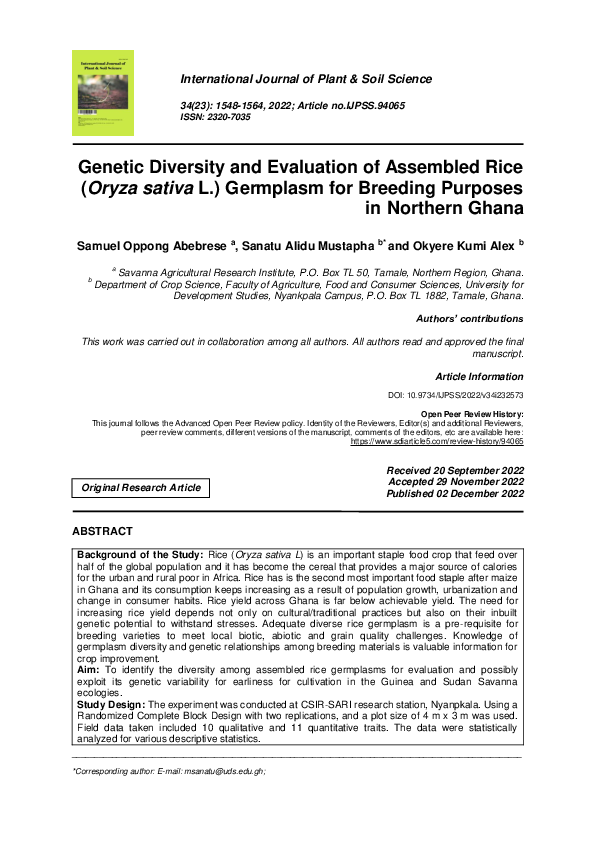 (PDF) Genetic Diversity and Evaluation of Assembled Rice (Oryza sativa L.) Germplasm for ...