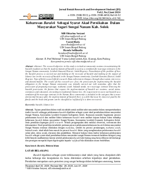 (PDF) Keharusan Baralek Sebagai Syarat Akad Pernikahan Dalam Masyarakat ...