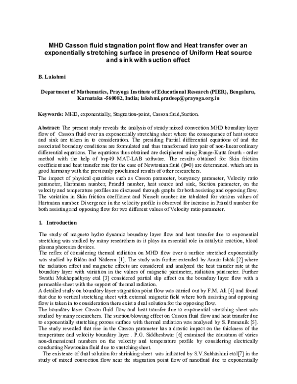 (PDF) MHD Casson fluid stagnation point flow and Heat transfer over an exponentially stretching ...