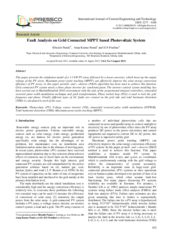 (PDF) Fault Analysis on Grid Connected MPPT Based Photovoltaic System