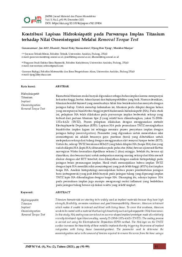 (PDF) Kontribusi Lapisan Hidroksiapatit pada Purwarupa Implan Titanium ...