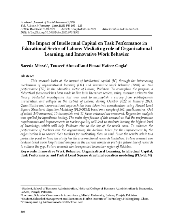 (PDF) The Impact of Intellectual Capital on Task Performance in Educational Sector of Lahore ...