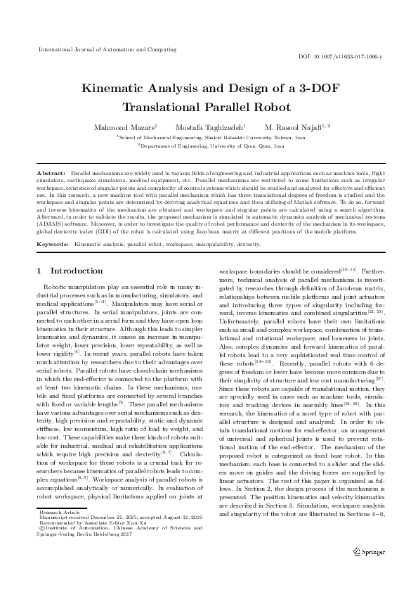 (PDF) Kinematic analysis and design of a 3-DOF translational parallel robot