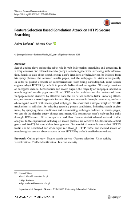 (PDF) Feature Selection Based Correlation Attack on HTTPS Secure Searching